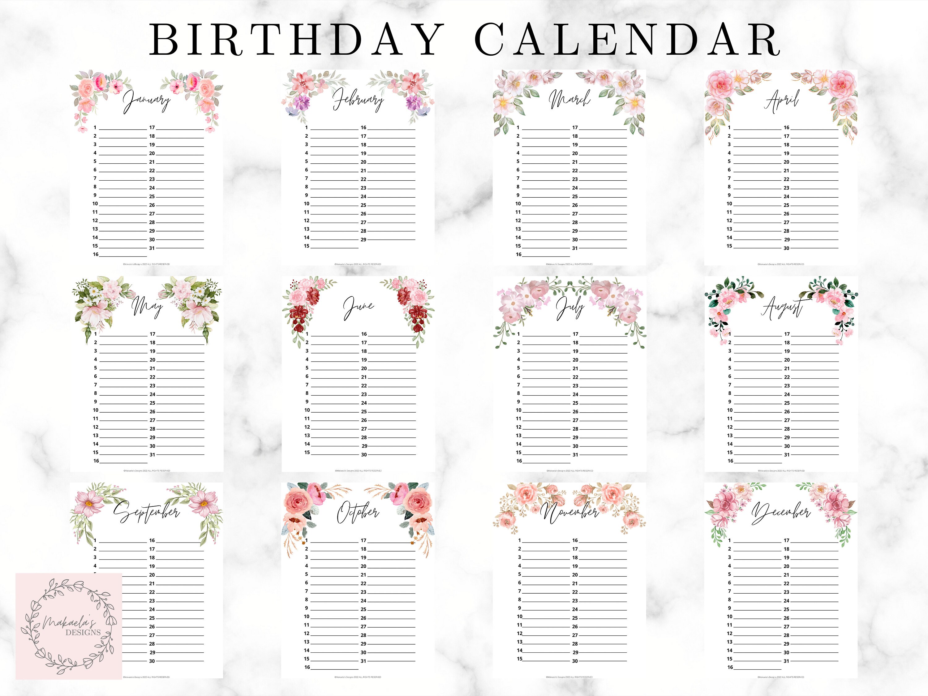 Printable Birthday Calendar | Annual Events | Pink Floral Calendar ...