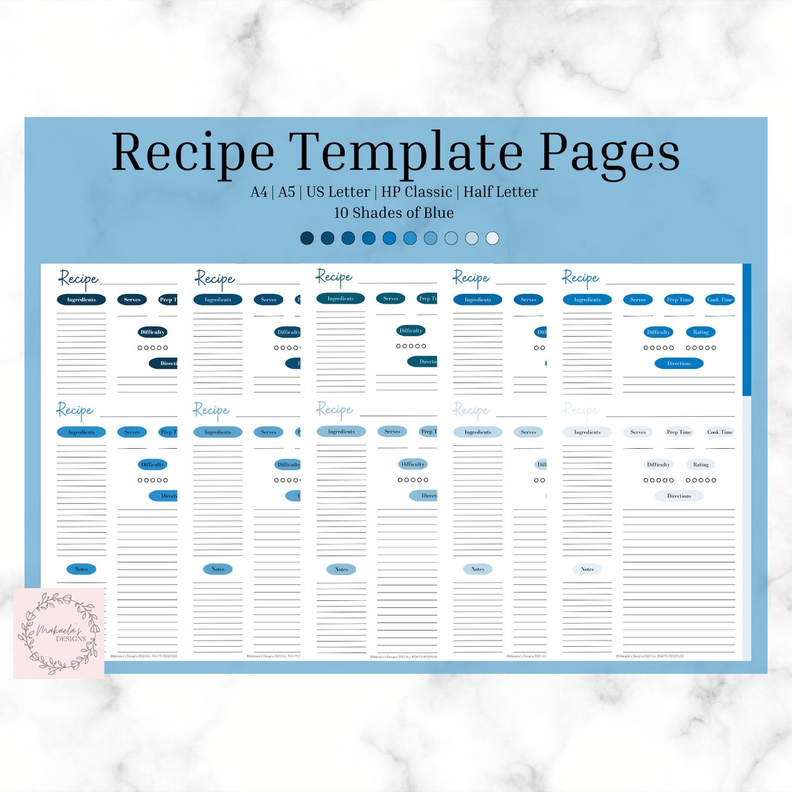 Recipe Page Printable Recipe Template Printable Recipe Card Page Blue ...
