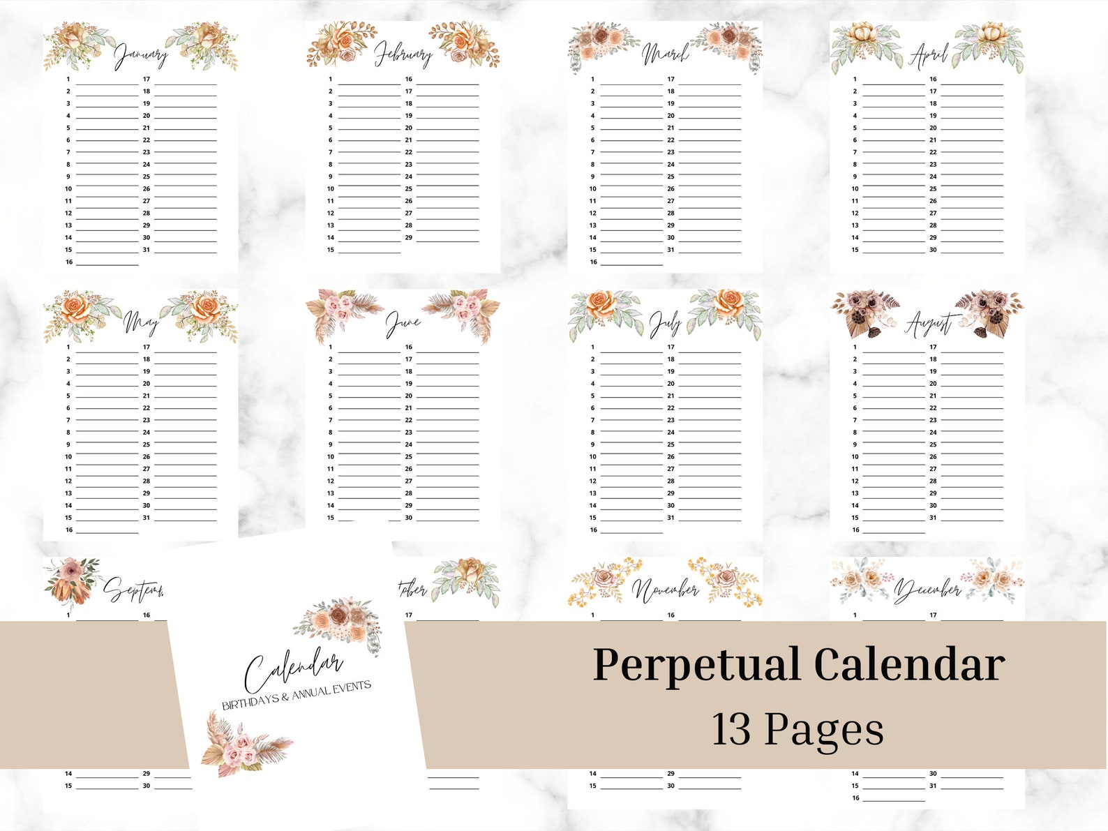 Printable Birthday Calendar Annual Events Beige Floral Calendar ...