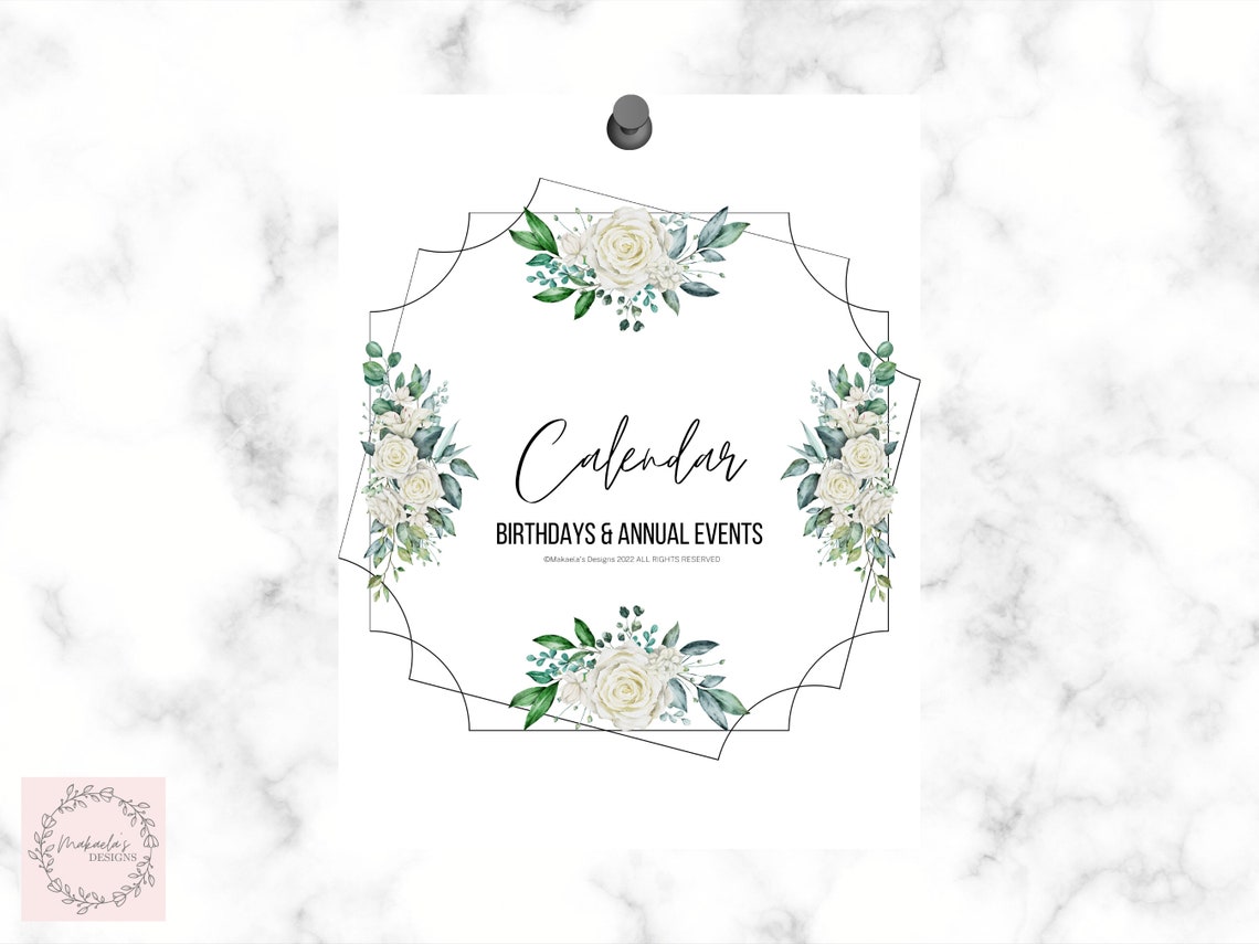 Printable Birthday Calendar | Annual Calendar | Pink Floral Calendar ...