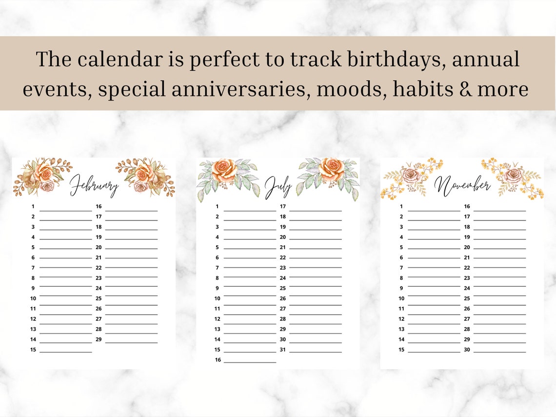 Printable Birthday Calendar Annual Events Beige Floral Calendar ...