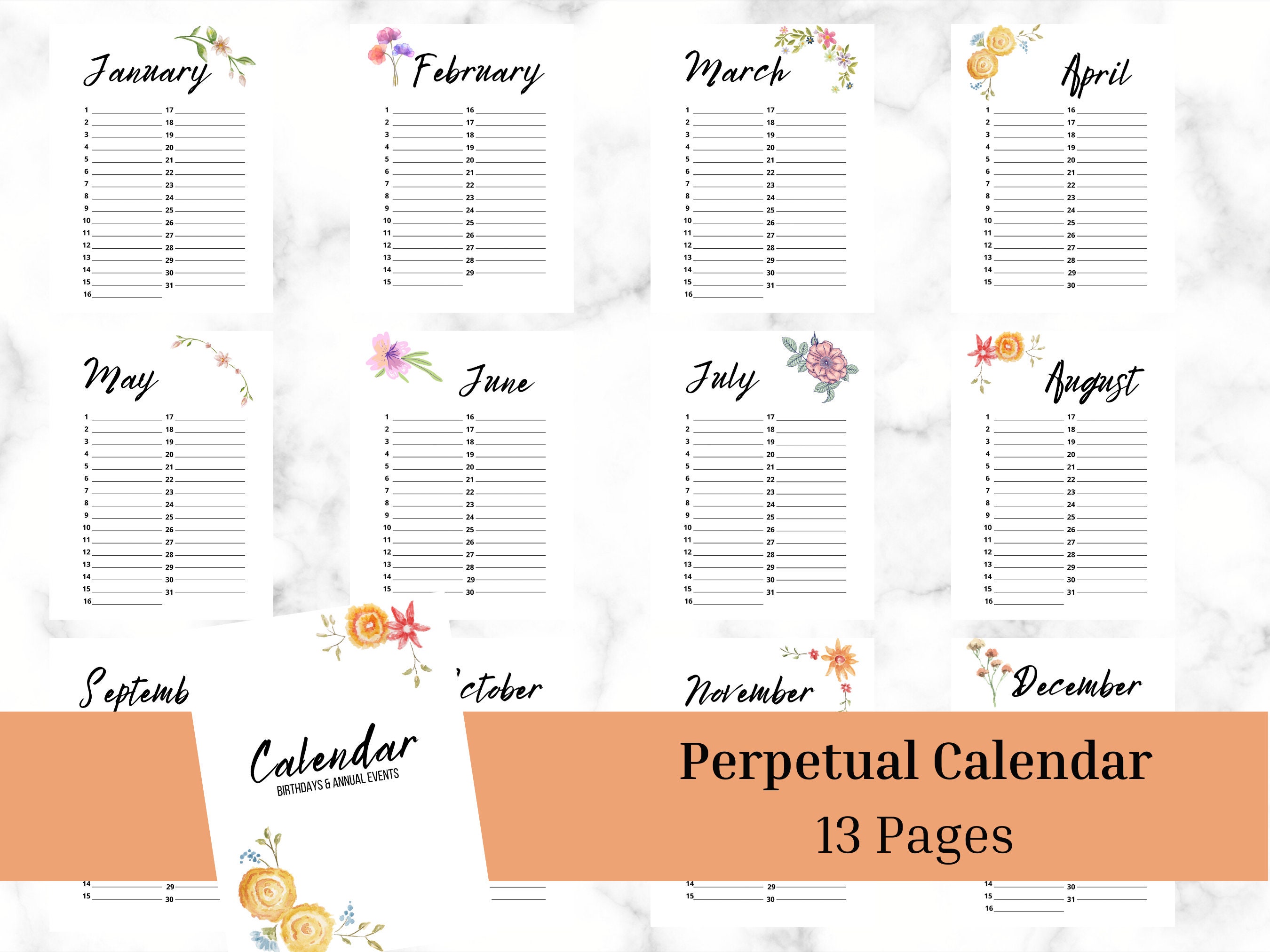 Printable Birthday Calendar | Annual Events | Floral Calendar ...