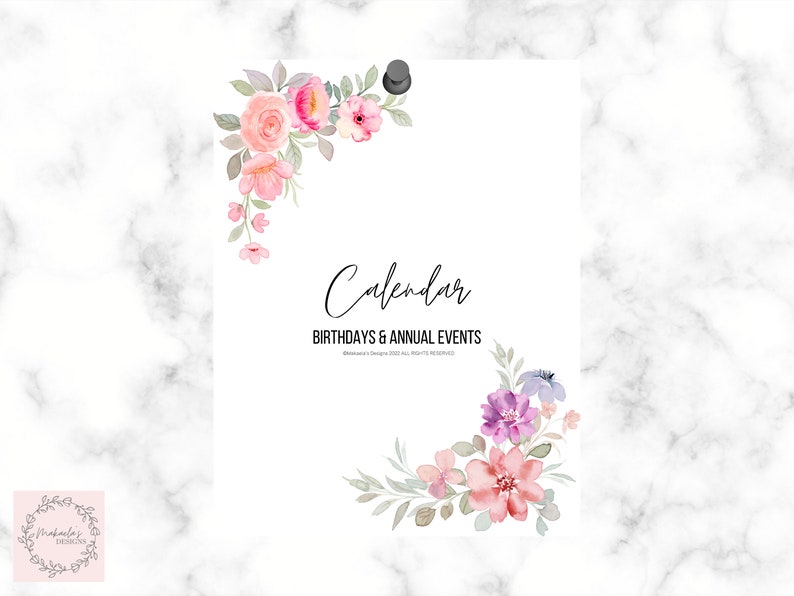 Printable Birthday Calendar | Annual Events | Pink Floral Calendar ...