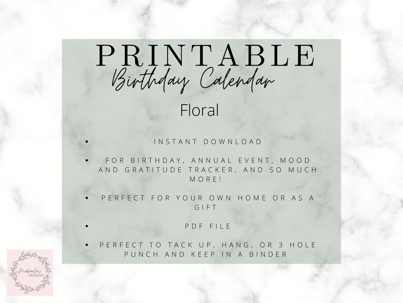 Printable Birthday Calendar | Annual Calendar | Pink Floral Calendar ...