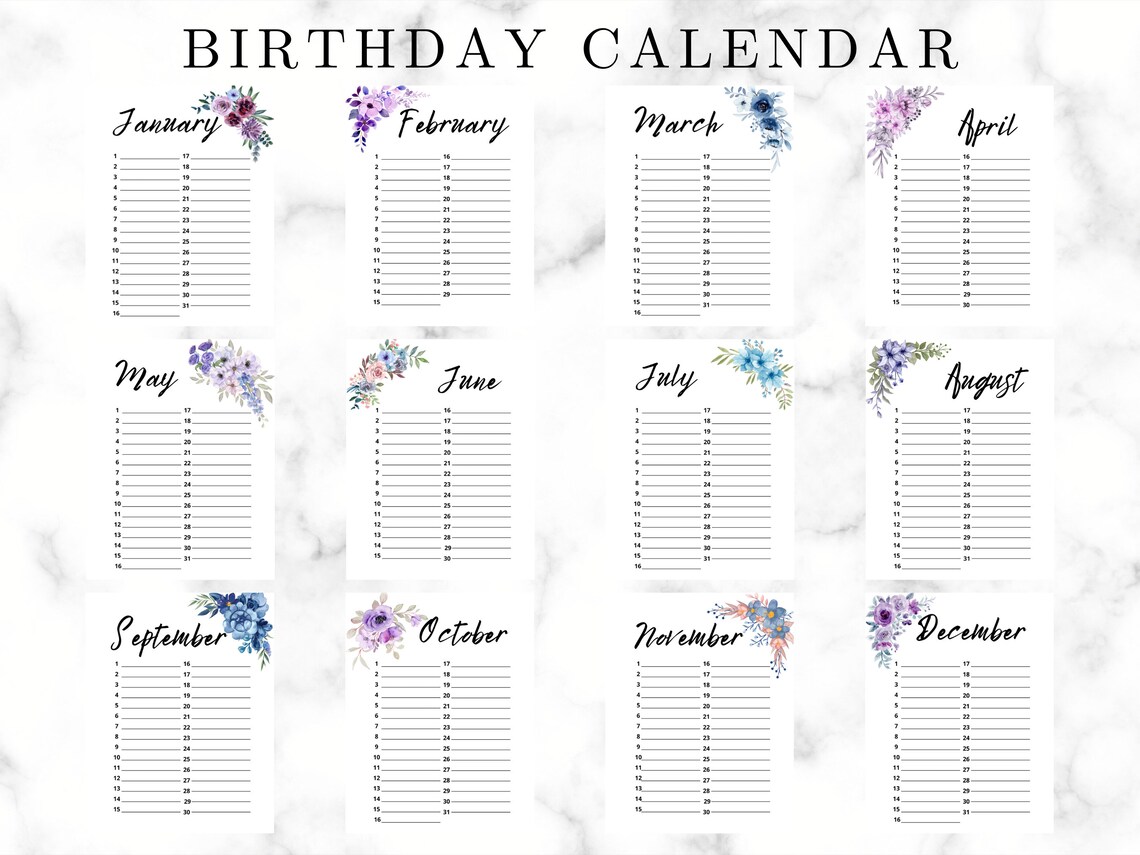 Printable Birthday Calendar | Annual Events | Floral Calendar ...