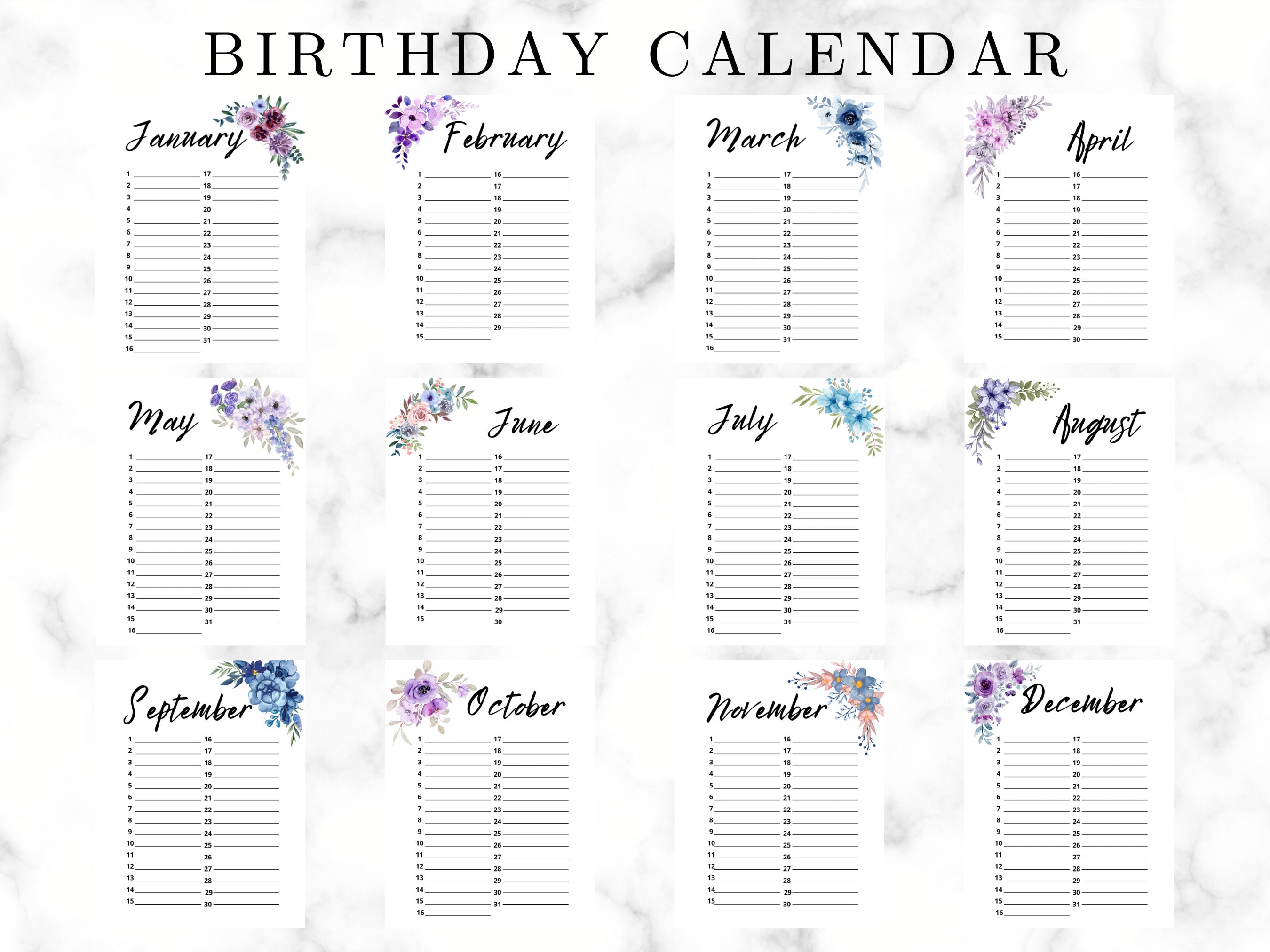 Printable Birthday Calendar | Annual Events | Floral Calendar ...