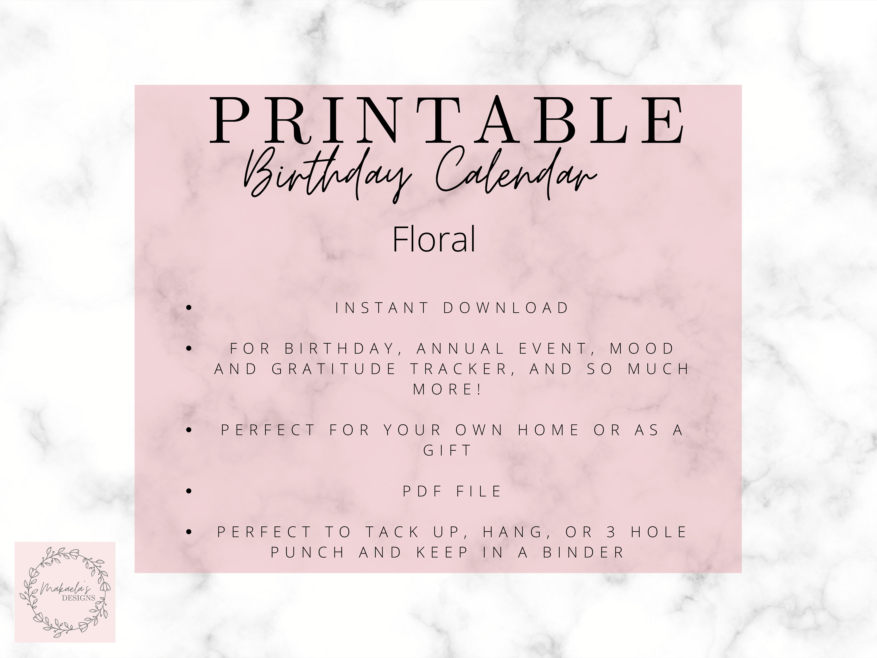 Printable Birthday Calendar | Annual Events | Pink Floral Calendar ...