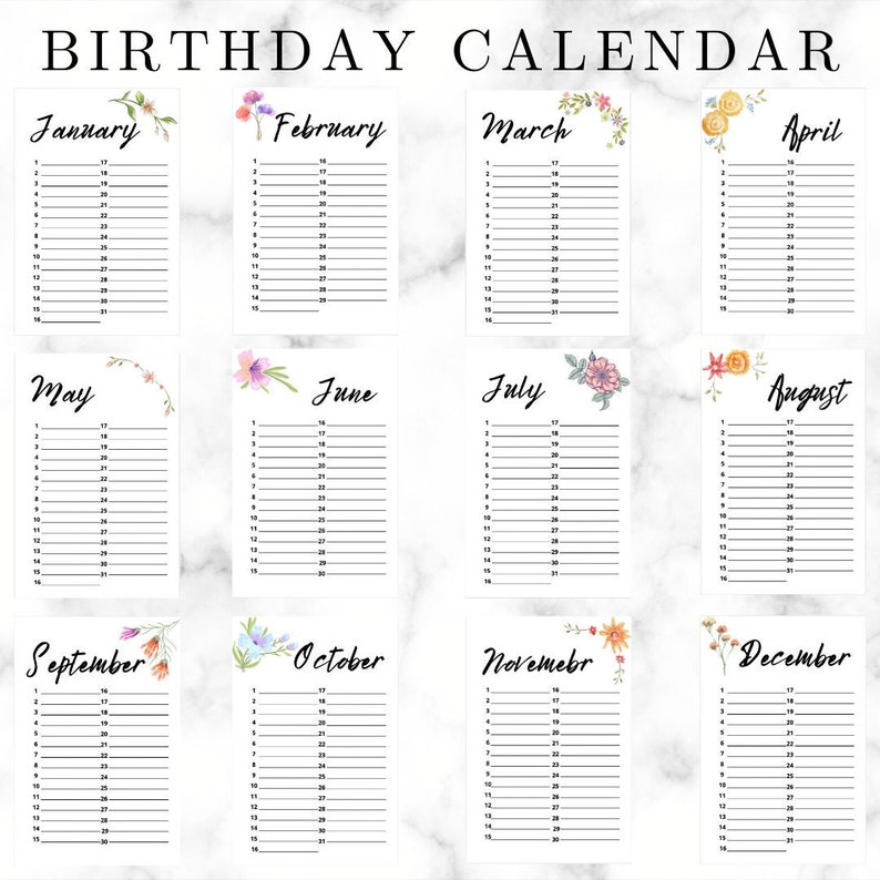 Printable Birthday Calendar | Annual Events | Floral Calendar ...