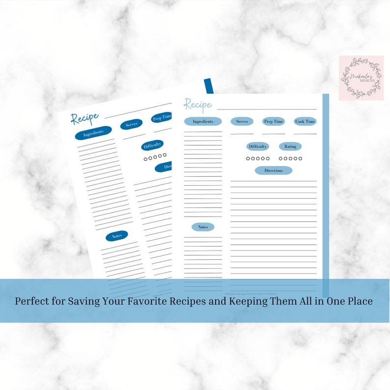 Recipe Page Printable Recipe Template Printable Recipe Card Page Blue ...