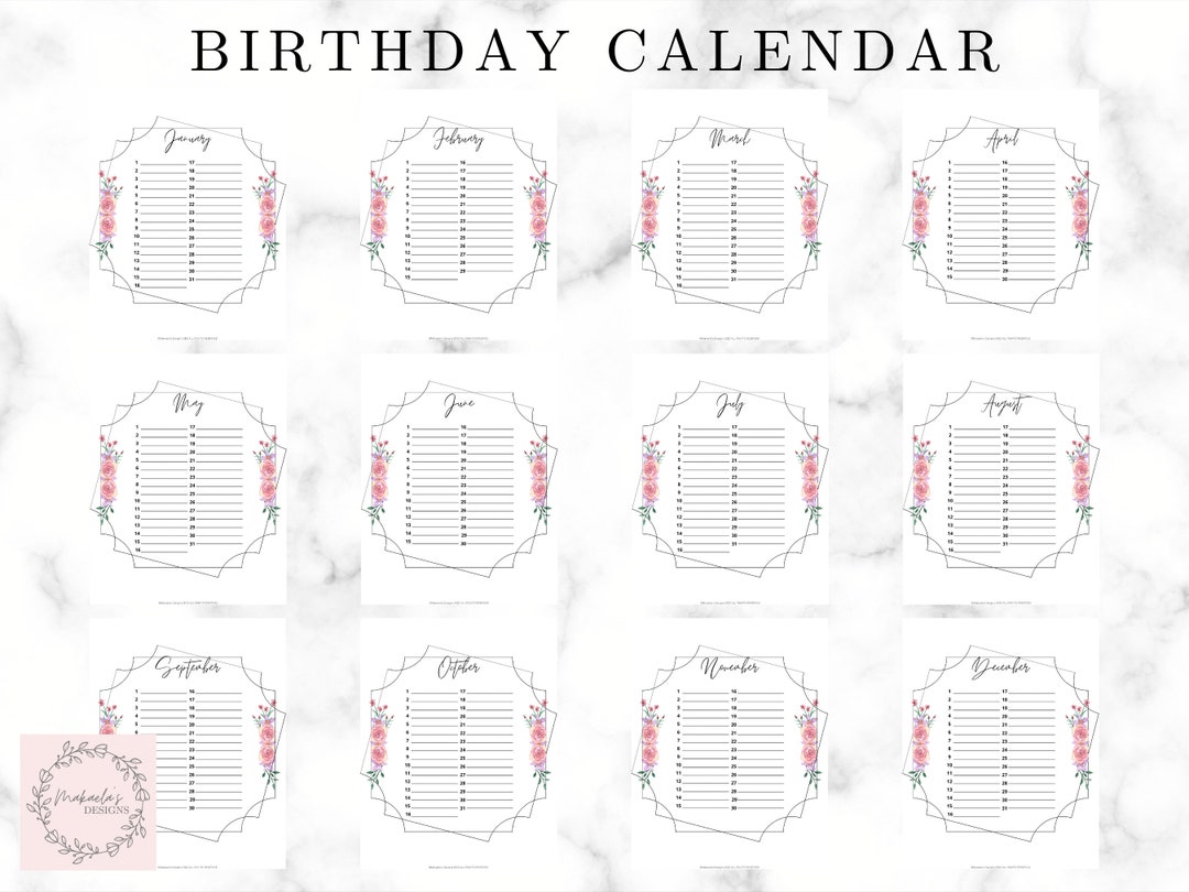 Printable Birthday Calendar | Annual Calendar | Pink Floral Calendar ...