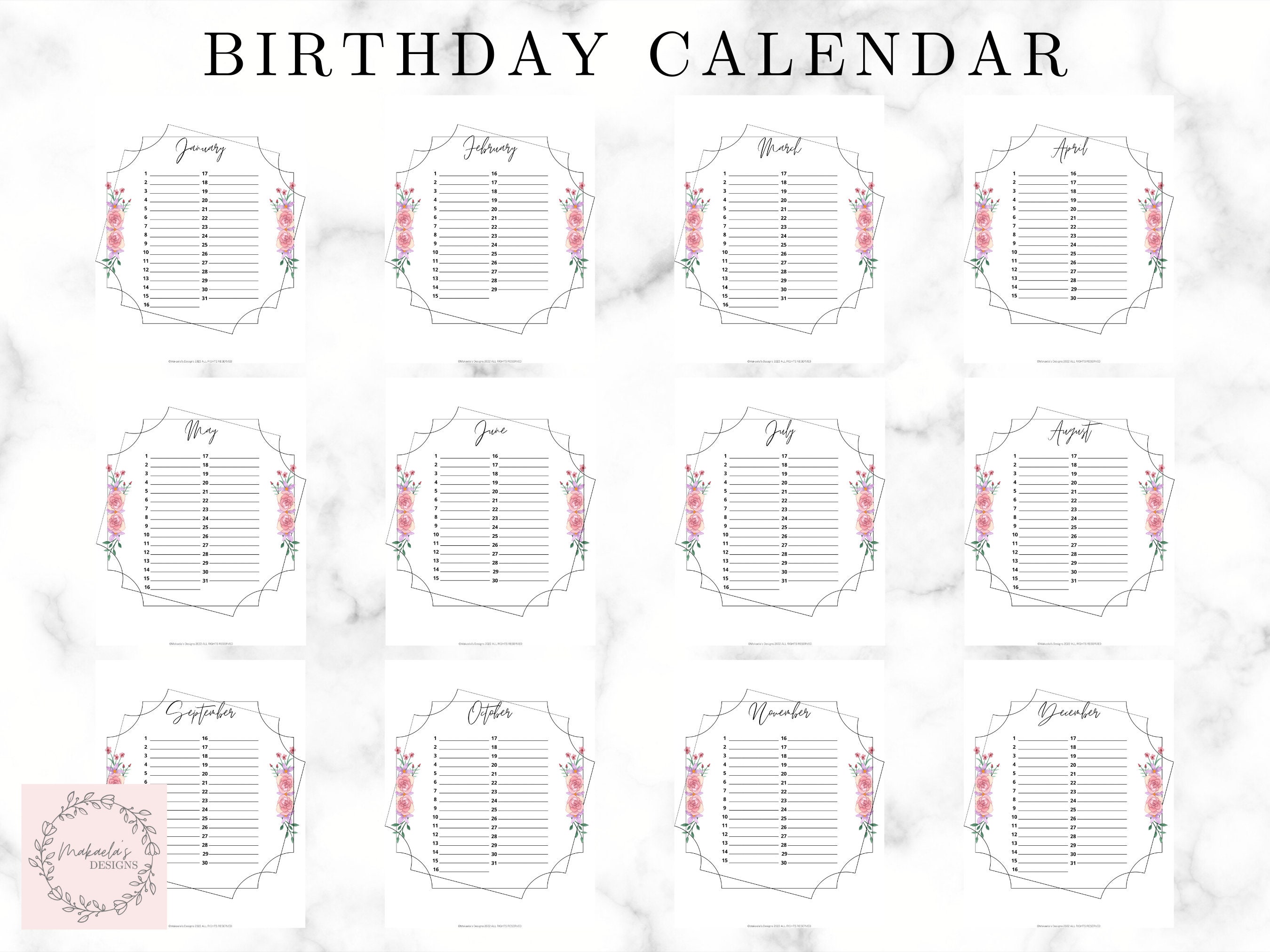 Printable Birthday Calendar | Annual Calendar | Pink Floral Calendar ...