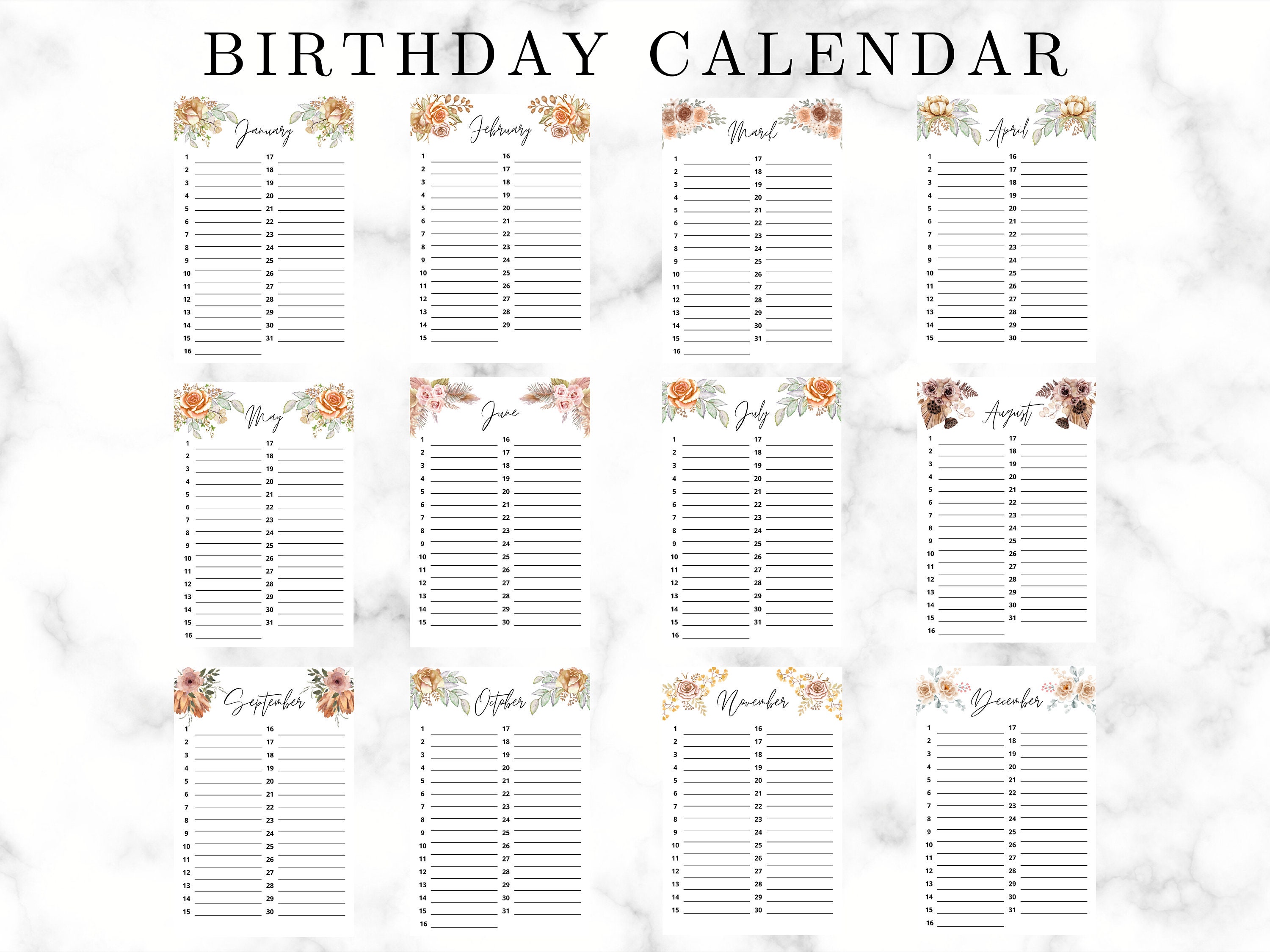 Printable Birthday Calendar | Annual Events | Beige Floral Calendar ...