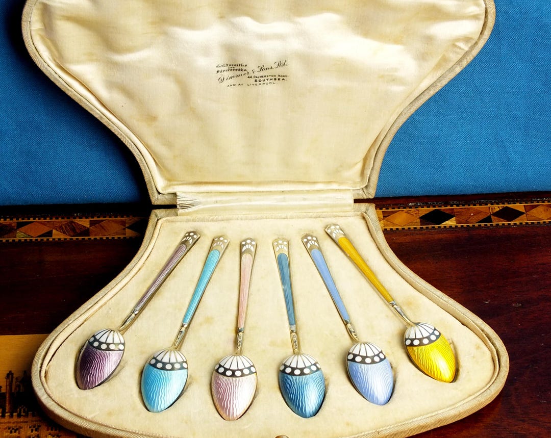Antique Fine and Unusual Solid Silver and Guilloche Enamel Set of ...