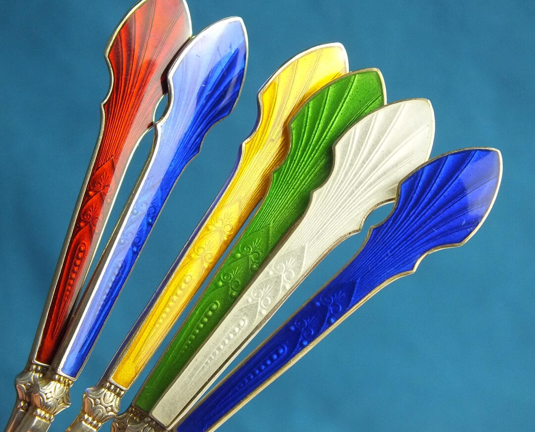 Stunning Set of Six Solid Silver Art Deco Design Guilloche Enamel ...