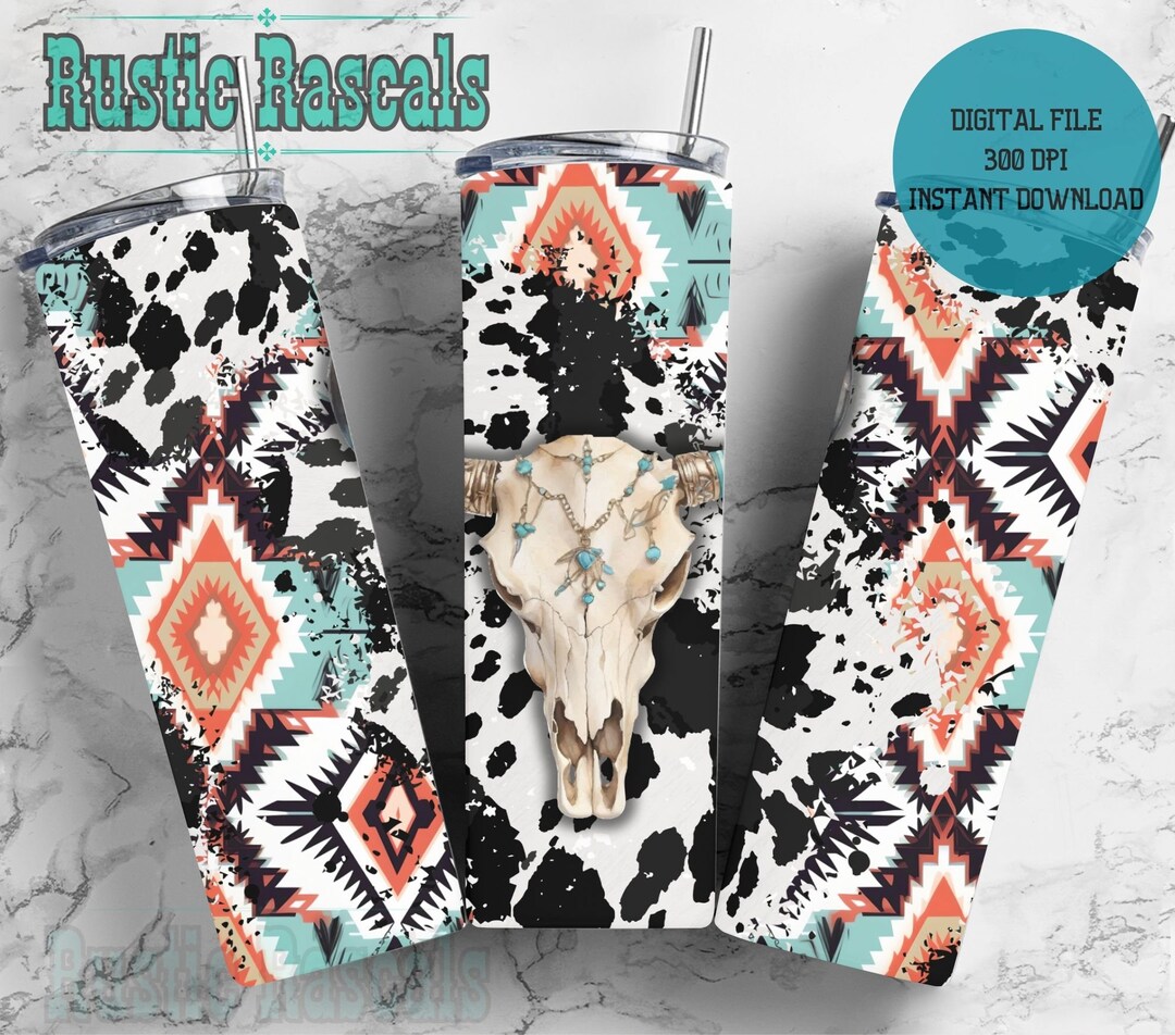 Aztec Cow Print Jeweled Gemstone Steer Skull 20oz Sublimation Tumbler ...