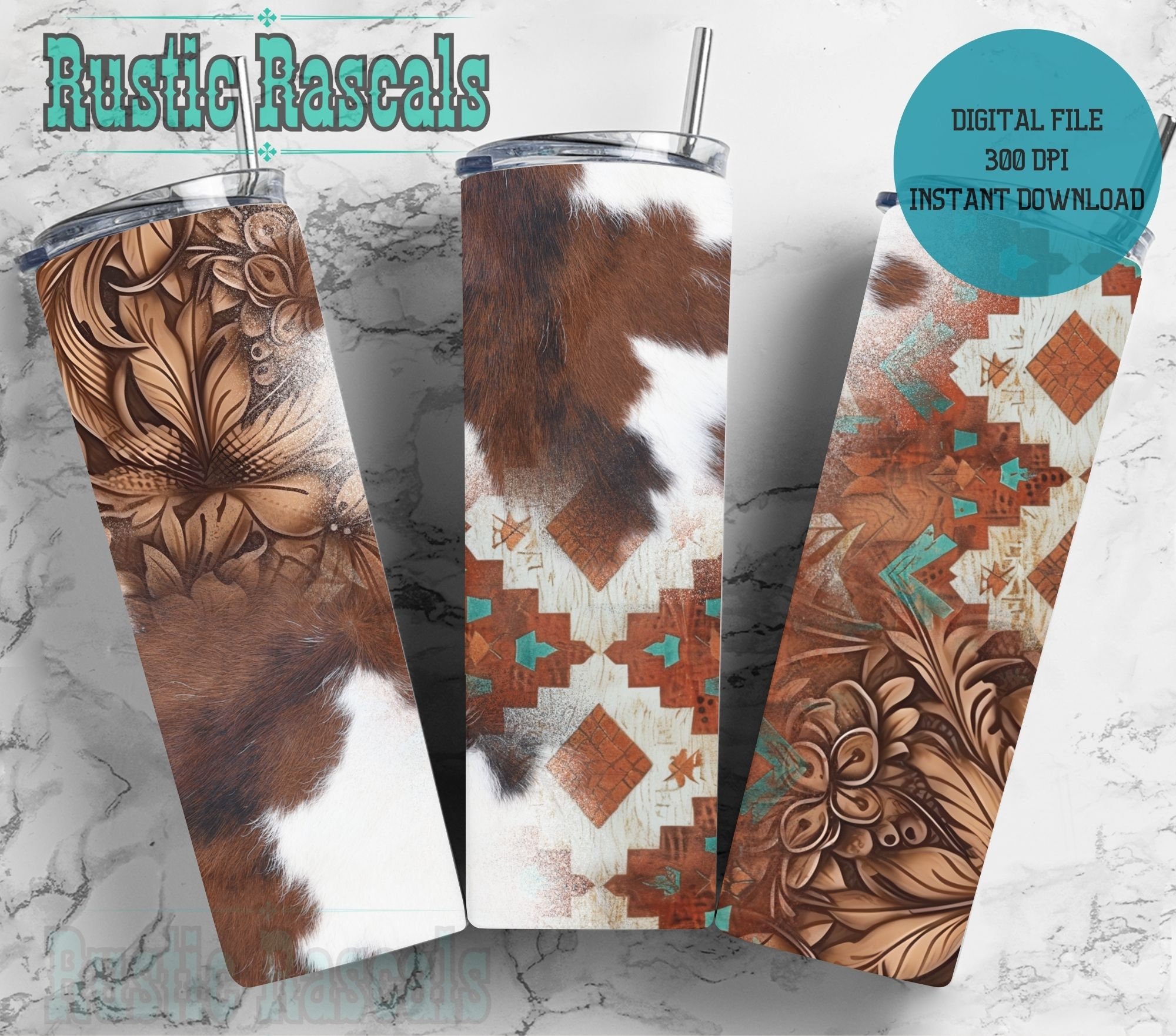 Aztec Tooled Leather Cow Print Western Pattern 20oz Sublimation Tumbler ...