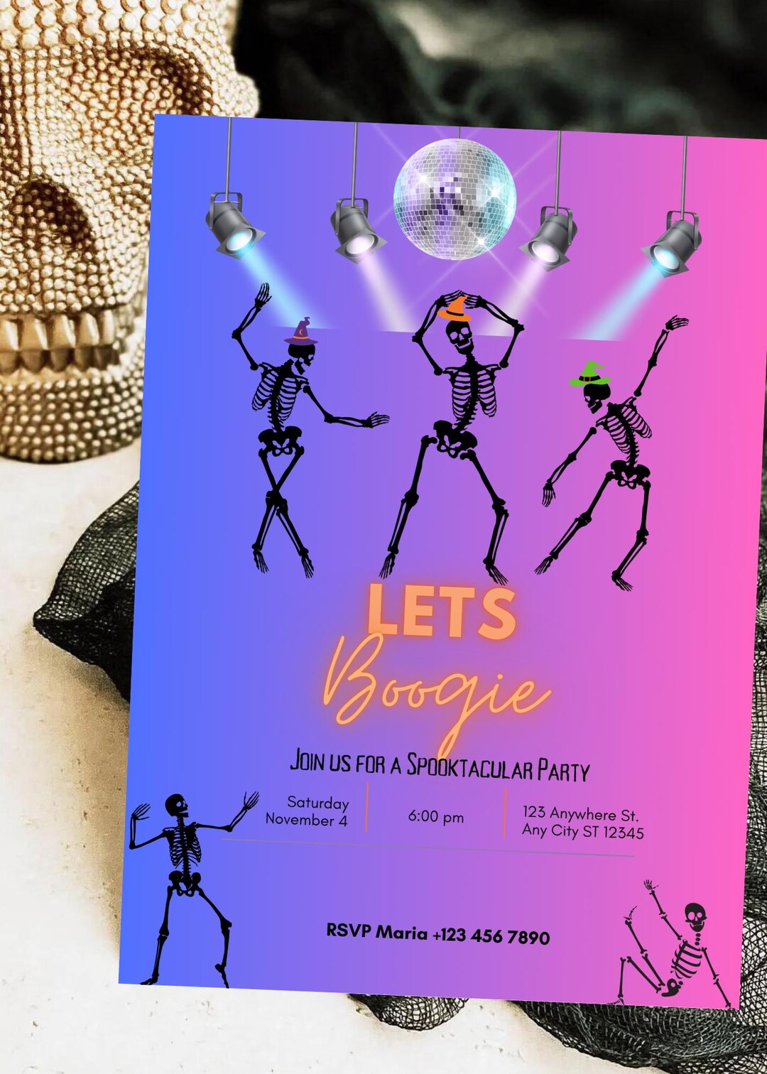 Halloween Disco Party Invitation: Spooky Skeleton Boogie (digital ...