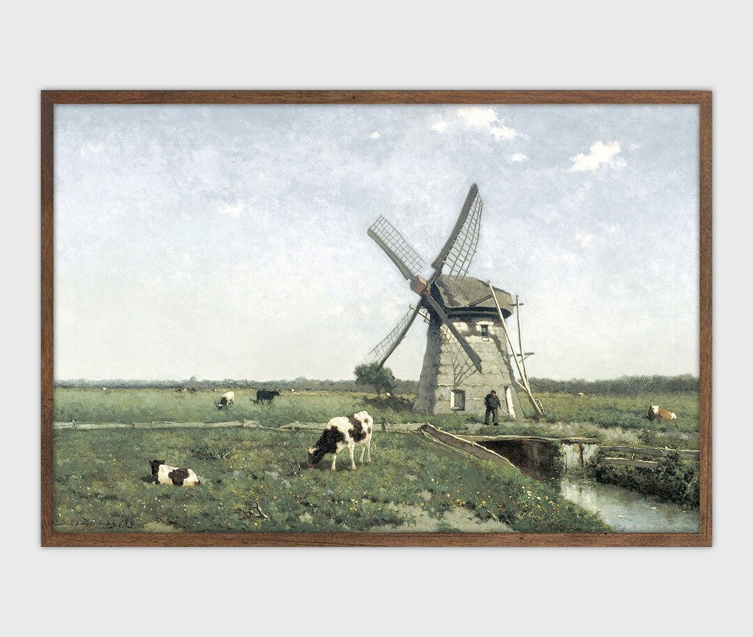 Vintage Dutch Windmill Painting: Farmhouse Printable Art (digital ...