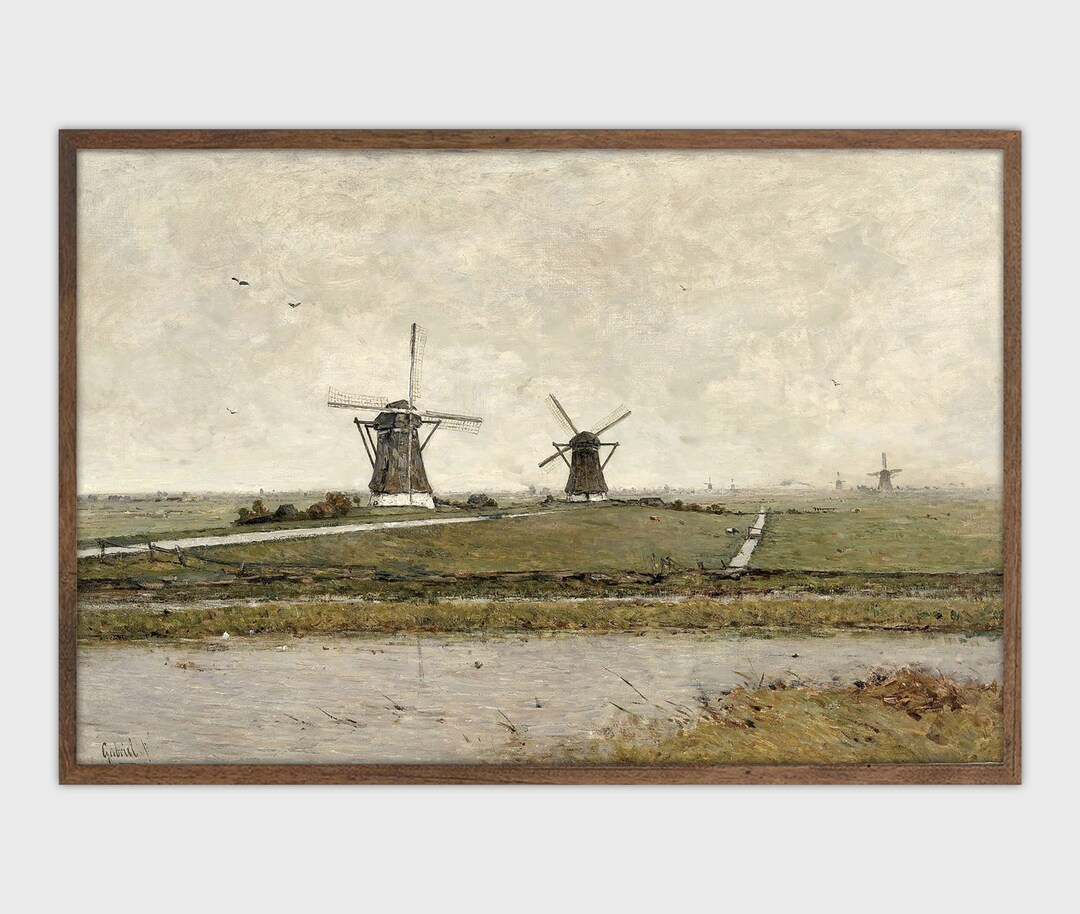 Vintage Dutch Windmill Painting: Farmhouse Printable Art (digital ...