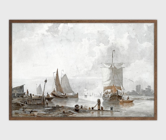 Vintage Harbor Painting Nautical Art Print Antique Ship Art - Etsy
