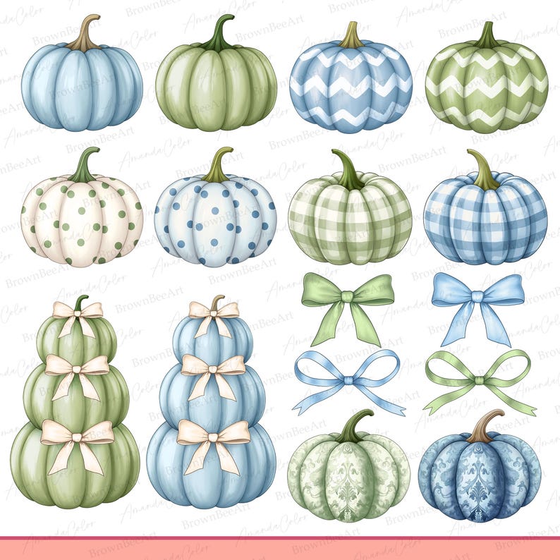 Watercolor Pumpkins Clipart: Pastel Autumn & Halloween Bows (digital ...