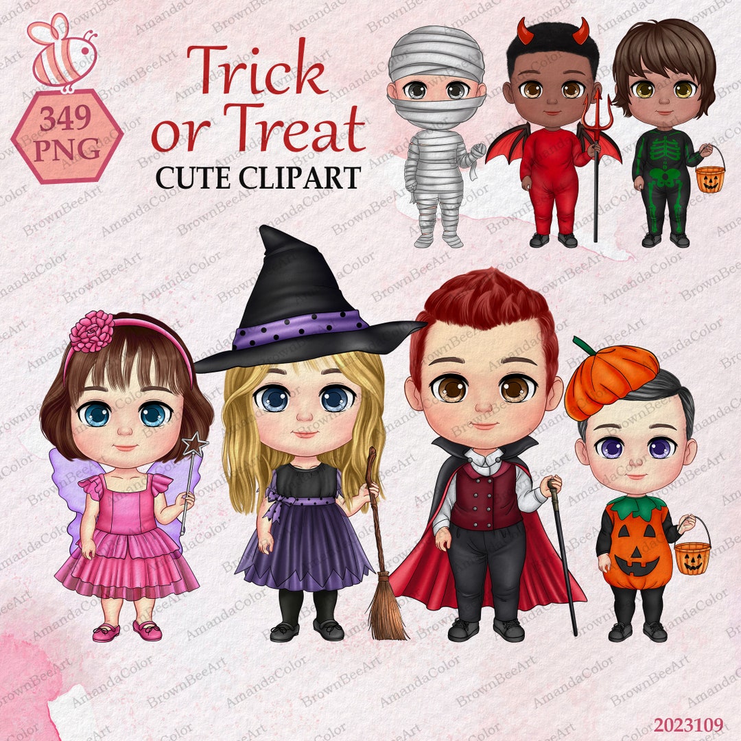 Kids in Cute Halloween Costumes Clipart, Trick or Treat, Halloween ...