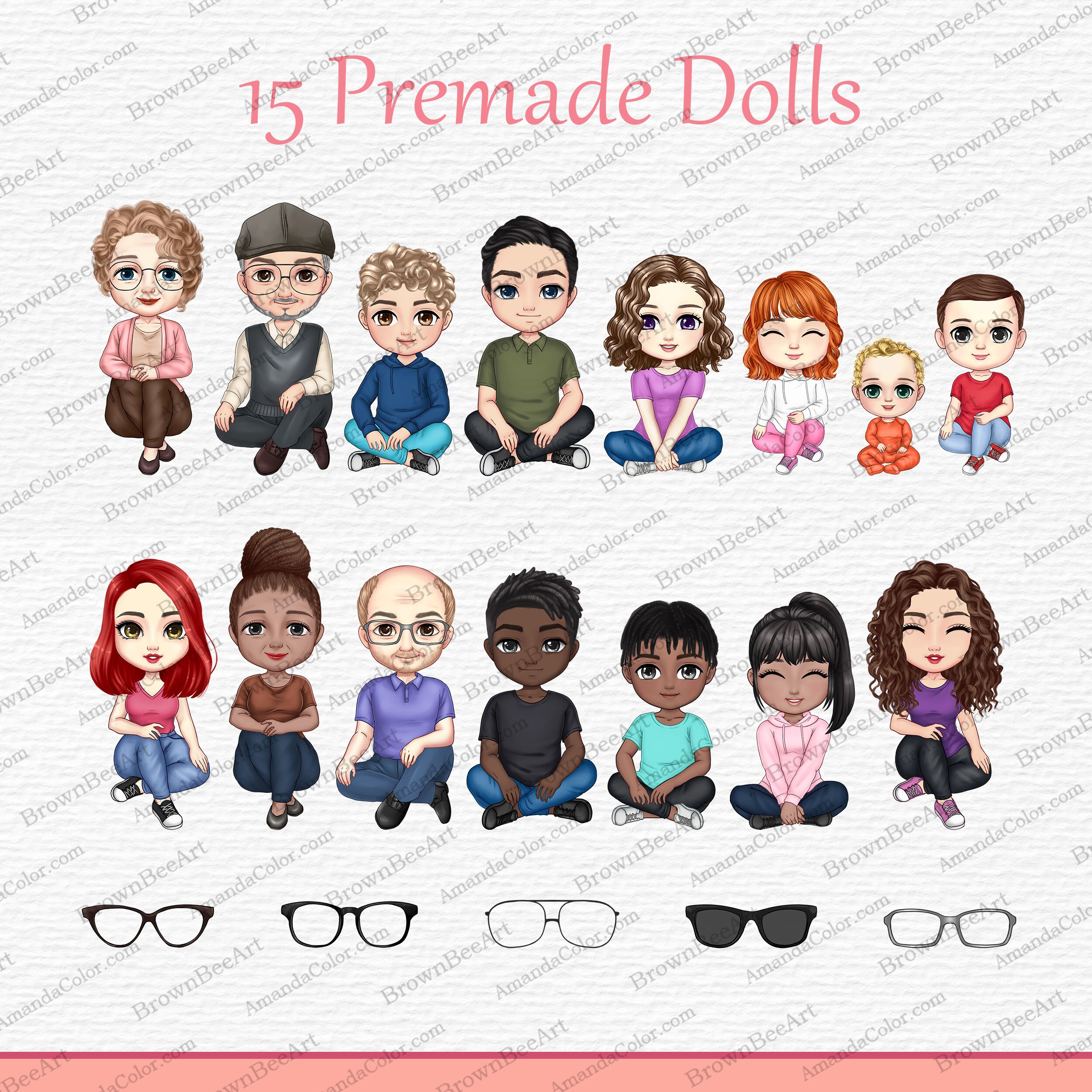 Family Chibi Portraits Clipart: Grandparents, Parents, Children (PNG ...