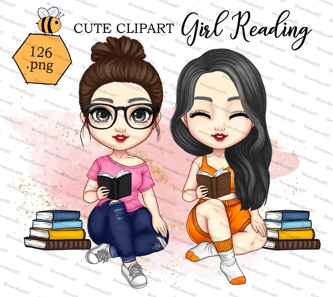 Girl Reading Clipart, Bookworm PNG Graphics (digital Download) - Etsy