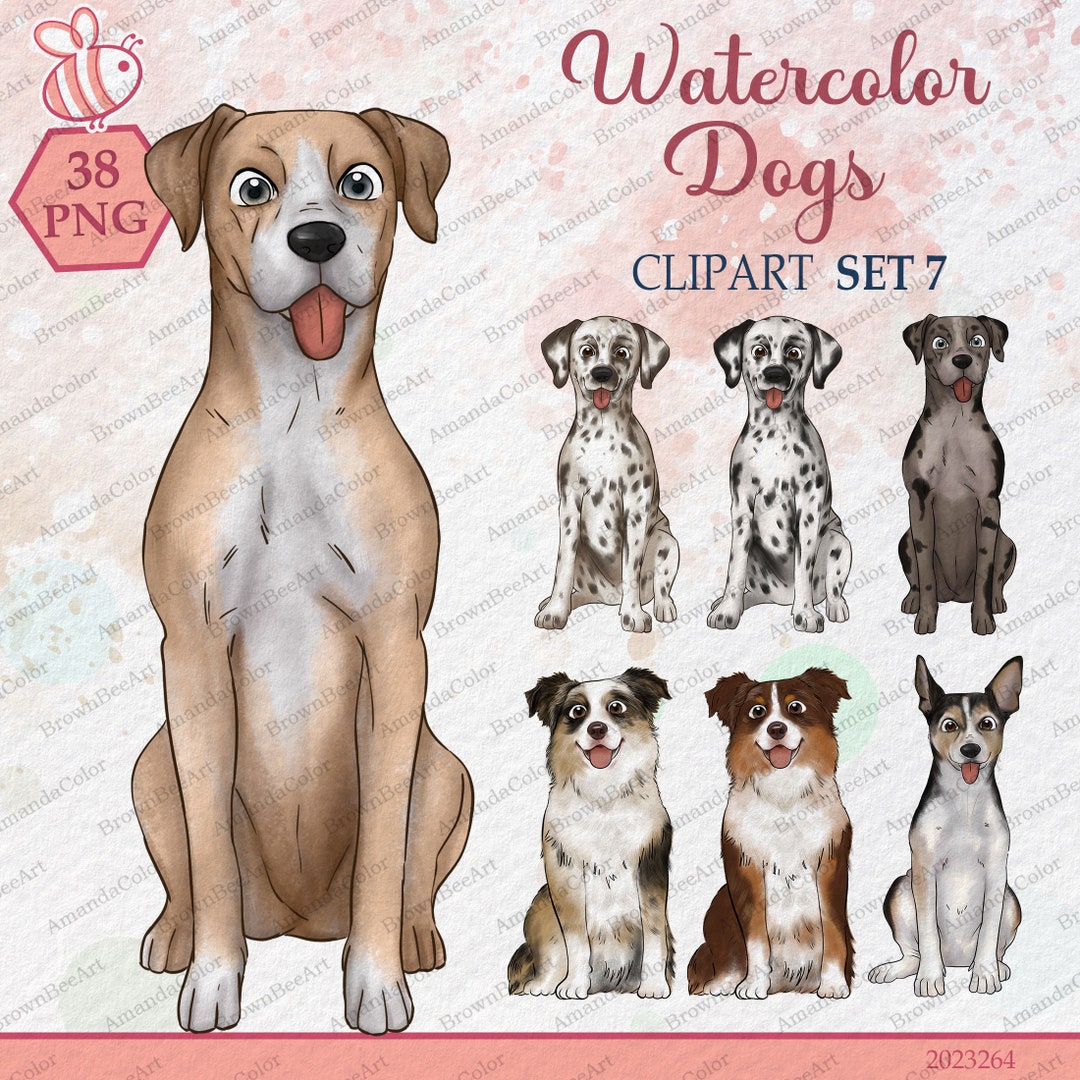Watercolor Dogs Clipart – Set 7, Sitting Front Dog, Dog Breeds Clipart ...