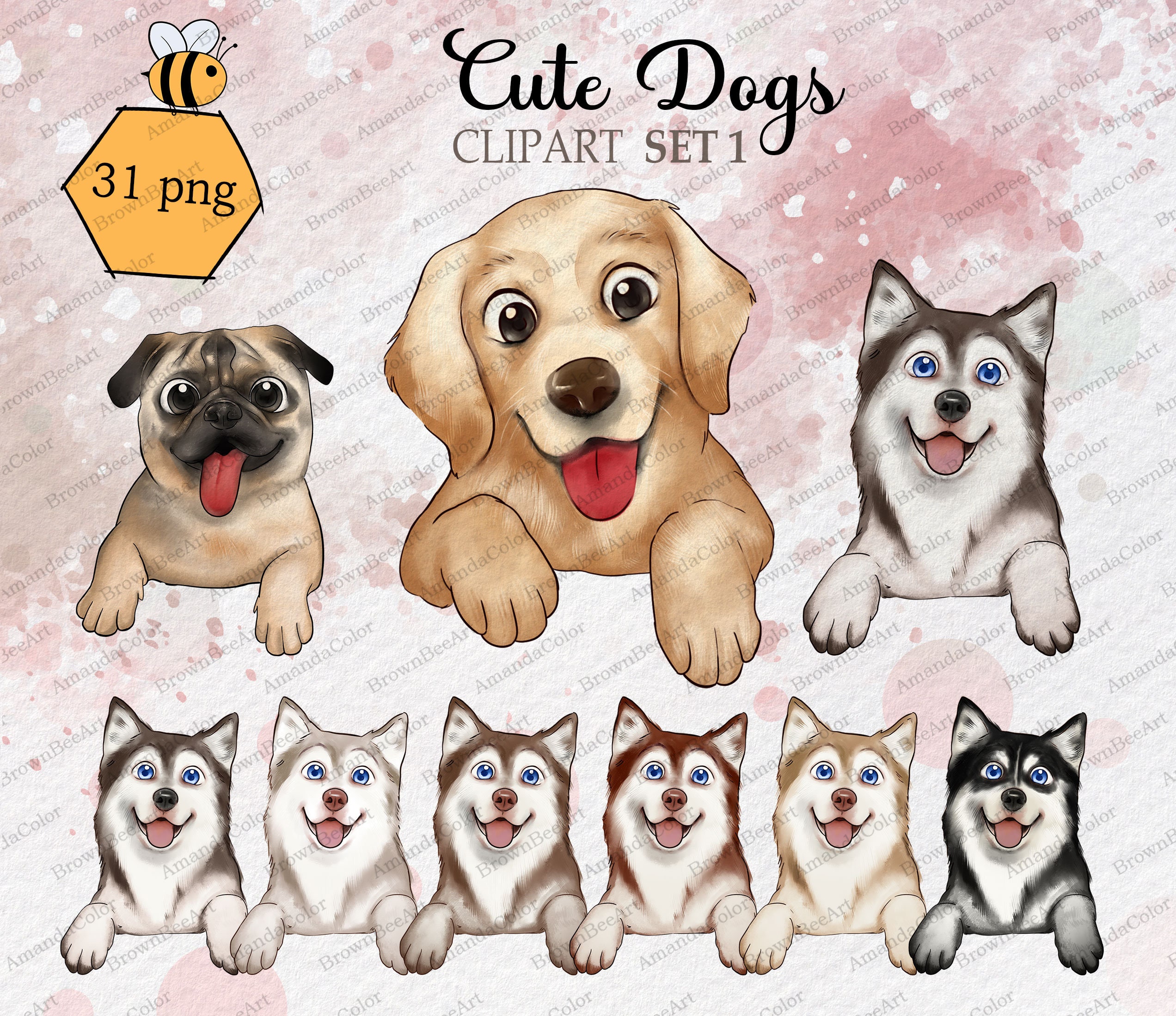 Cute Dogs Clipart Set 1 Dogs PNG Pug Goldeb Retriver - Etsy