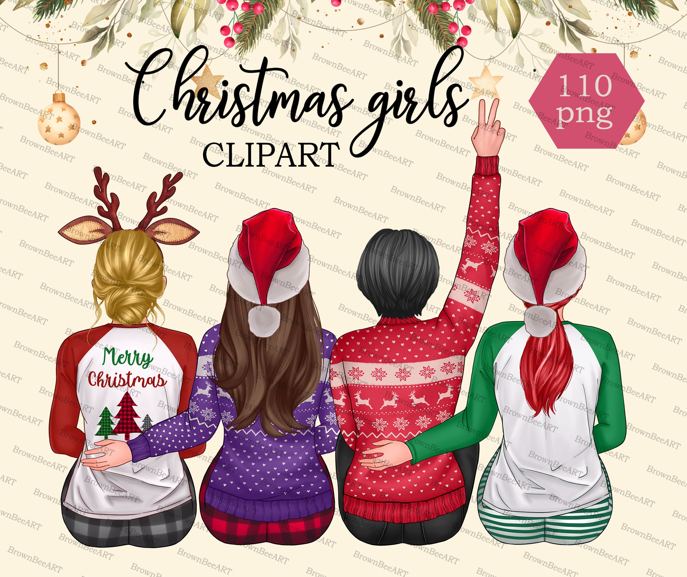 Merry Christmas: Christmas Girls Clipart Bestie Clipart Girl - Etsy