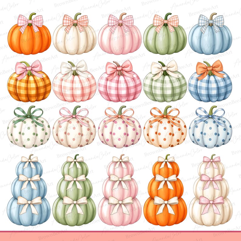 Watercolor Pumpkins Clipart: Pastel Autumn & Halloween Bows (digital ...