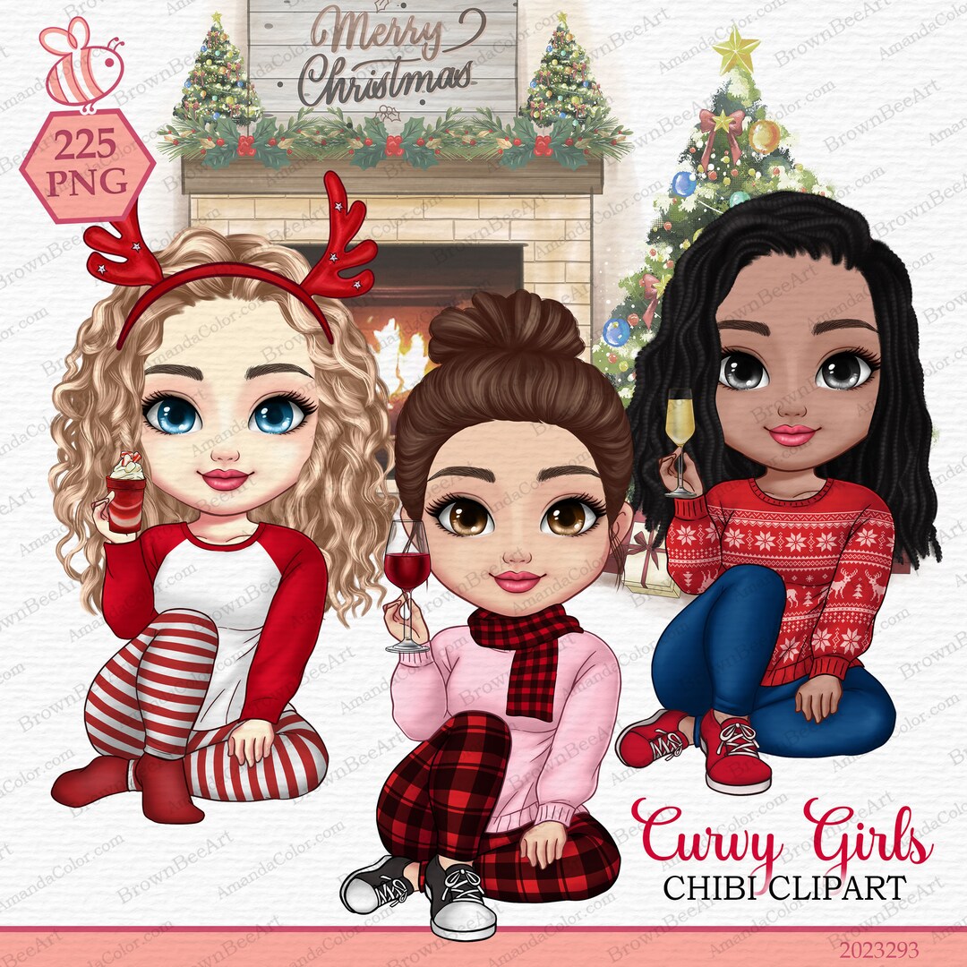 Christmas Chibi Girls Clipart, Cozy Friends, Winter PNG (digital ...