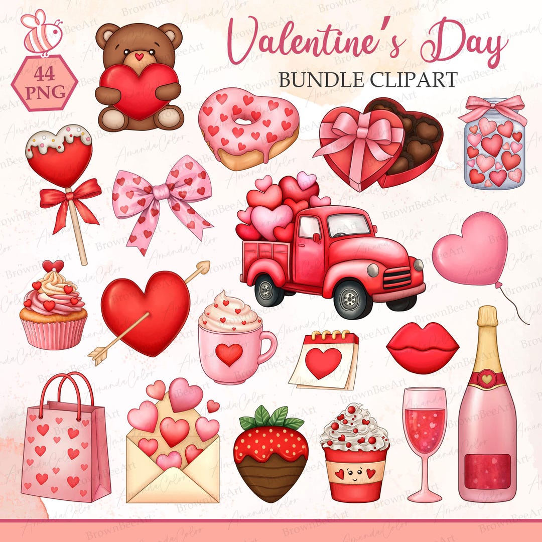 Watercolor Valentine Clipart Bundle, PNG Graphics (commercial Use, 44 ...