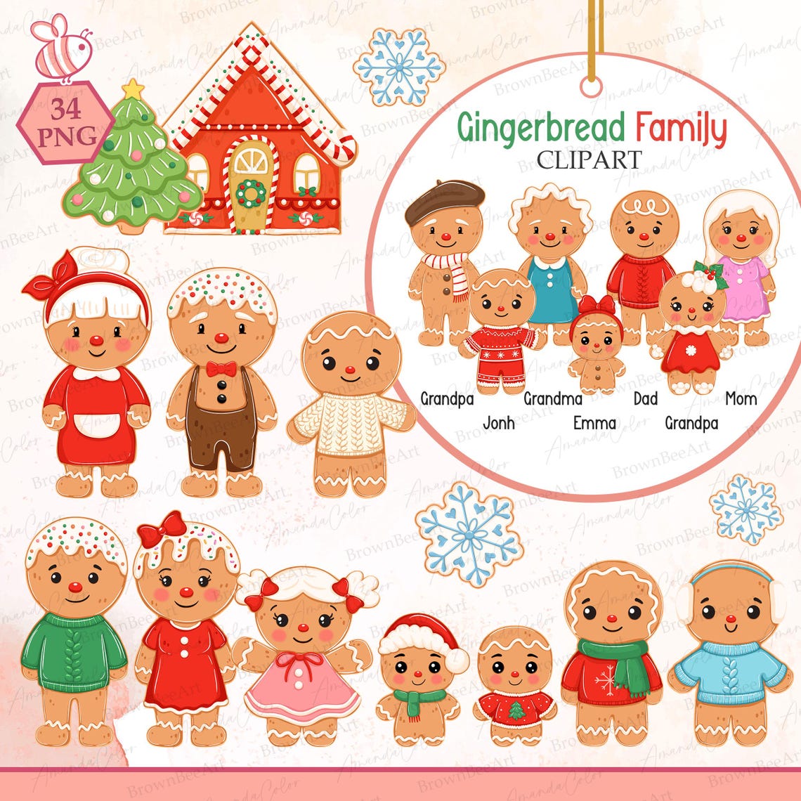 Gingerbread Family Clipart: Customizable Holiday PNG Graphics (digital ...