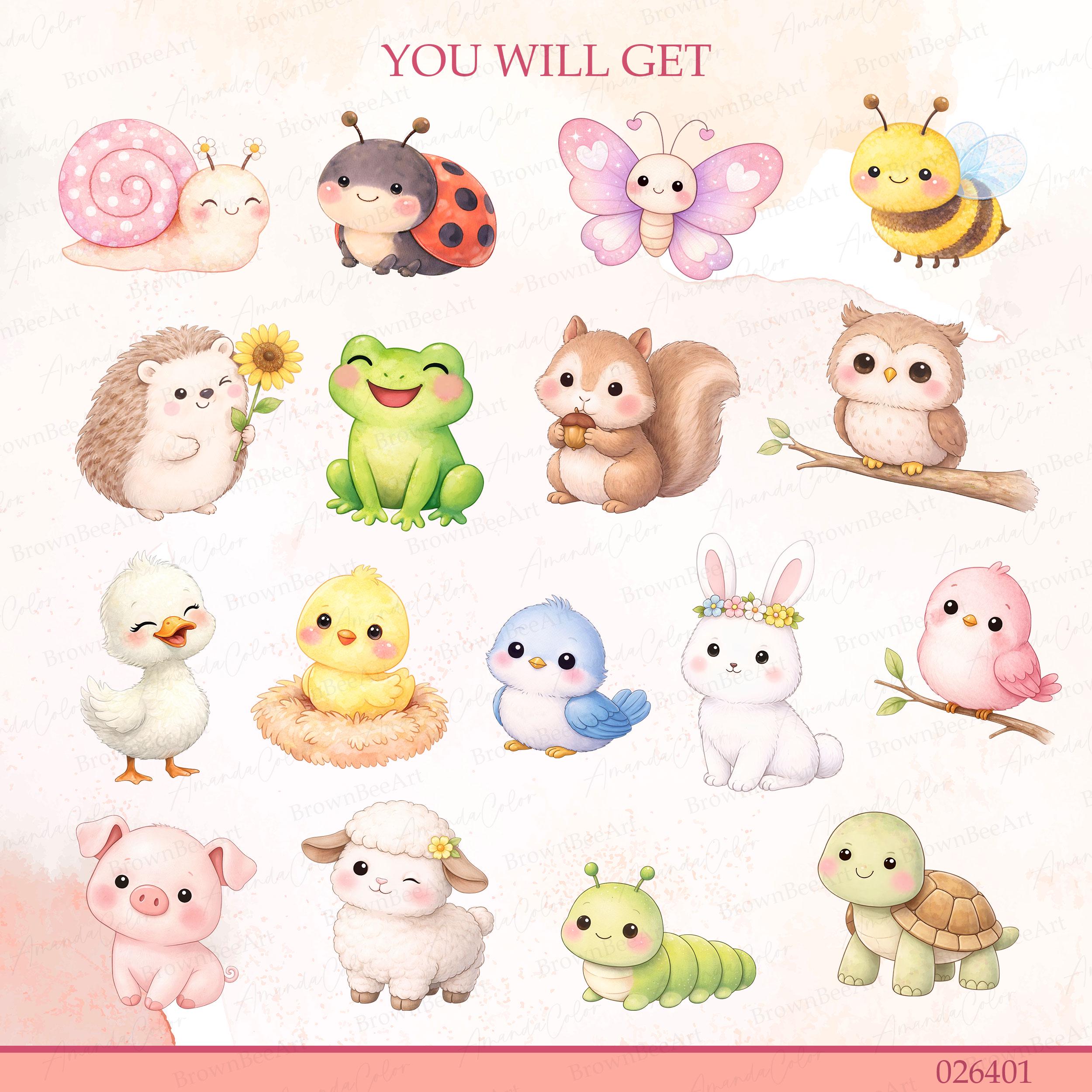 Watercolor Spring Clipart Bundle, Bunny, Frog, Butterfly Garden Animals ...
