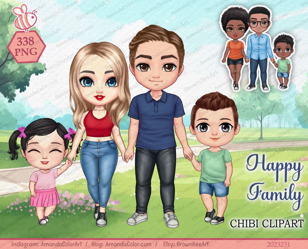 Happy Family Chibi Clipart: Customizable PNG Files (digital Download ...