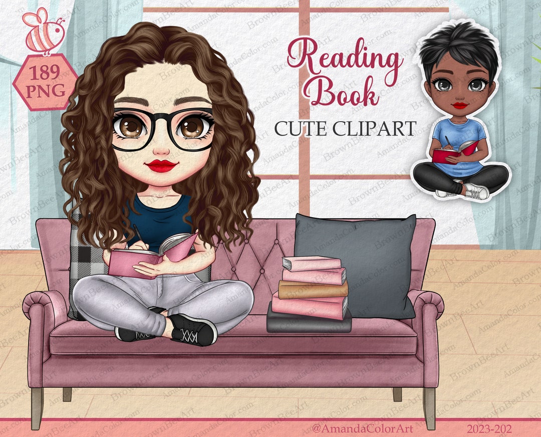 Bookworm Girl Clipart: Reading Book, Planner Graphics (digital Download ...