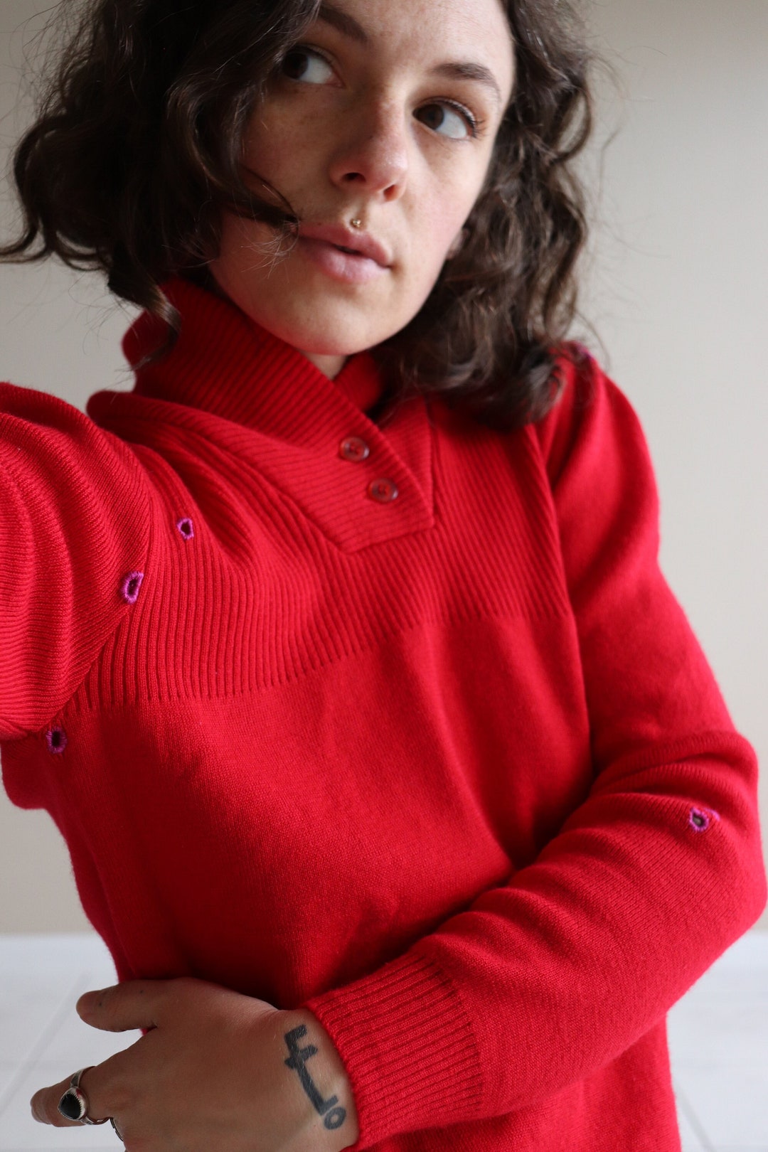 MEDIUM 70s Red Shawl Collar Wool Sweater Vintage Puff Sleeve Mended ...