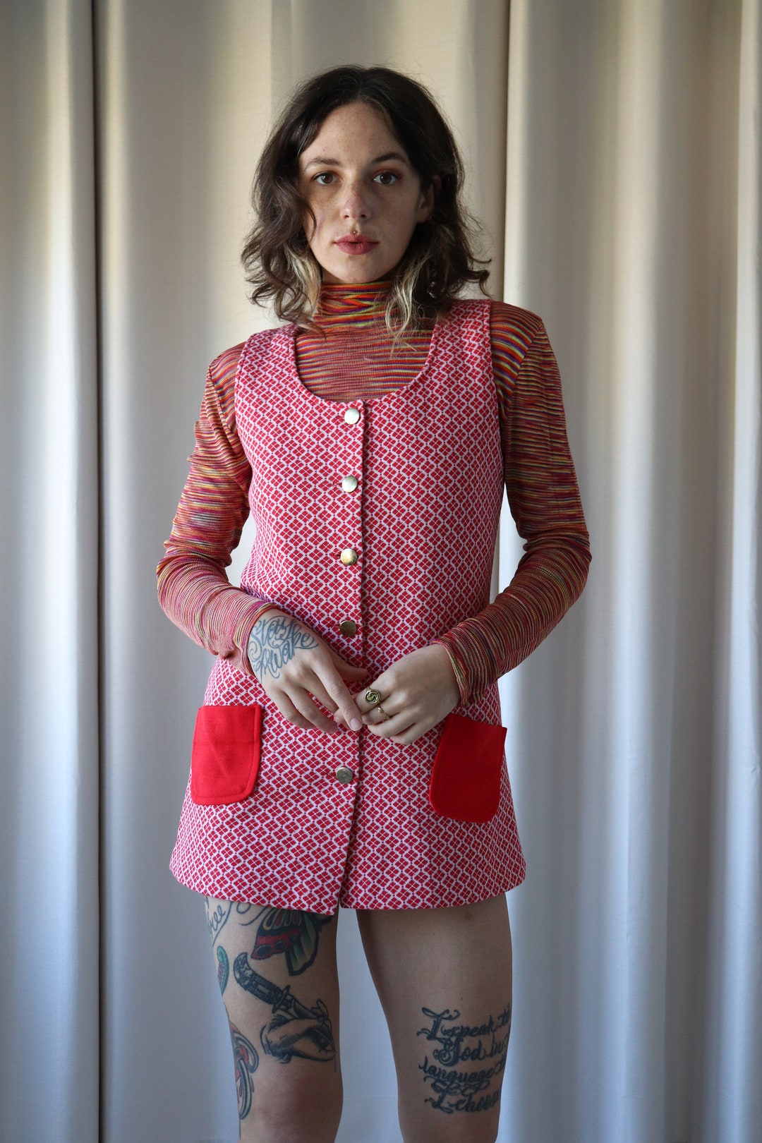 MEDIUM Late 60s Primstlye Red and White Minidress Vintage Frock - Etsy