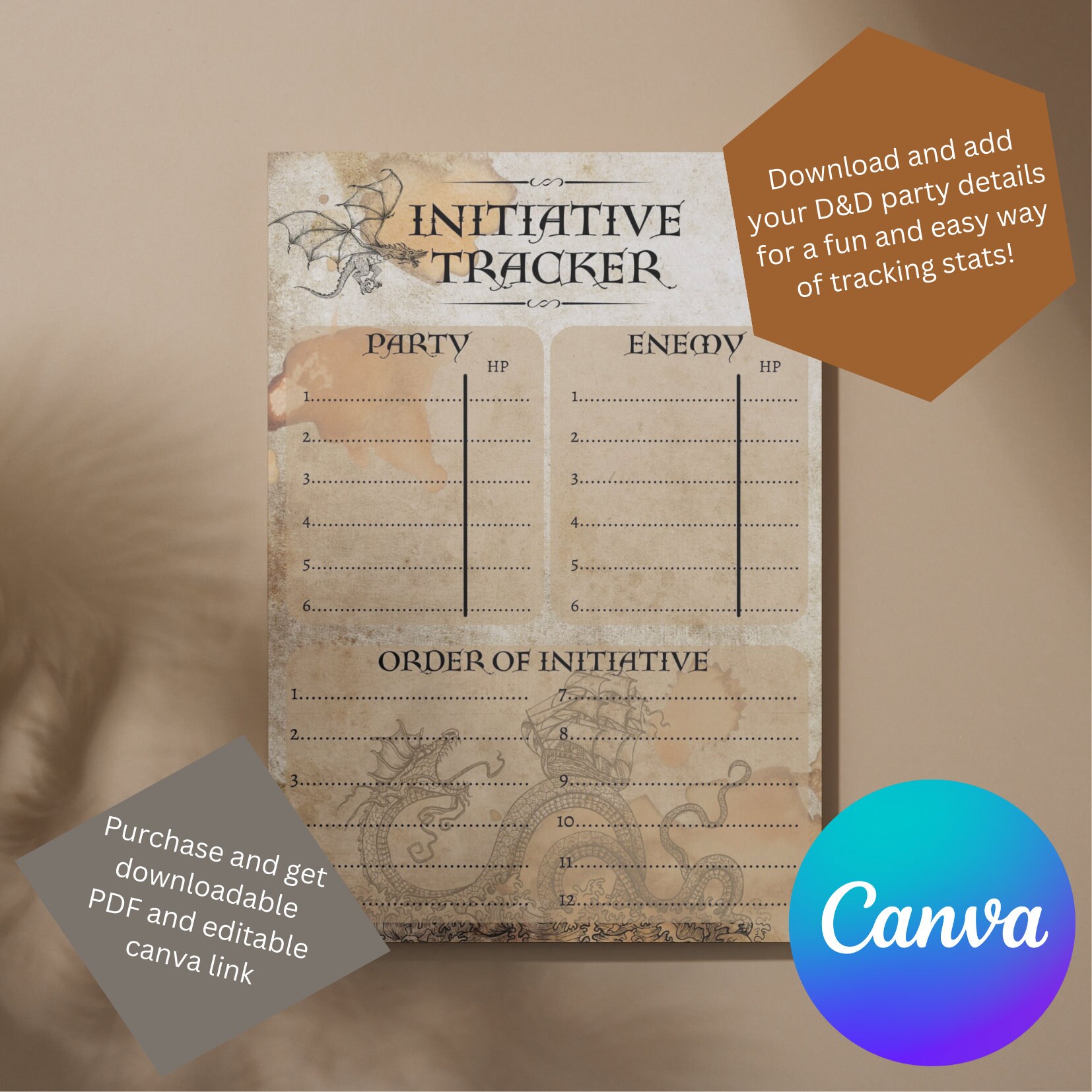 DM Pack in Parchment (initiative Tracker, Player Character Stat Sheet ...