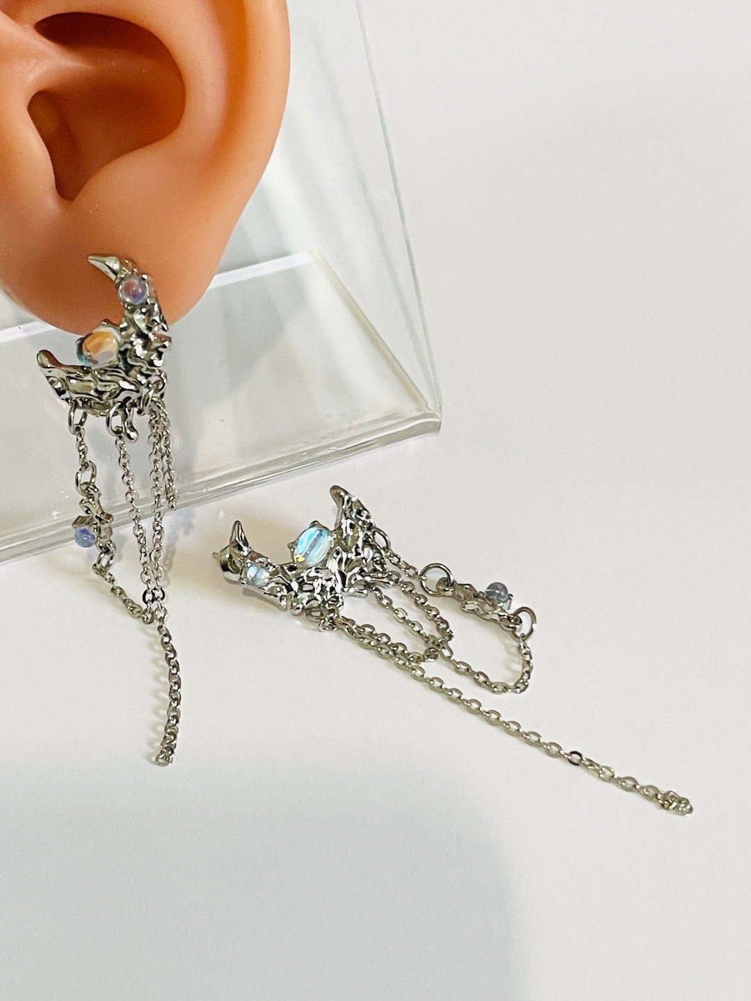 Silver Moon Chain Dangle Earrings Dangle & Drop gift for Her - Etsy