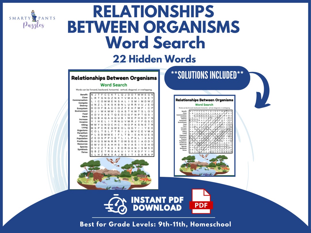RELATIONSHIPS BETWEEN ORGANISMS Word Search 34 Hidden Words Word Search ...