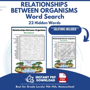 RELATIONSHIPS BETWEEN ORGANISMS Word Search 34 Hidden Words Word Search ...