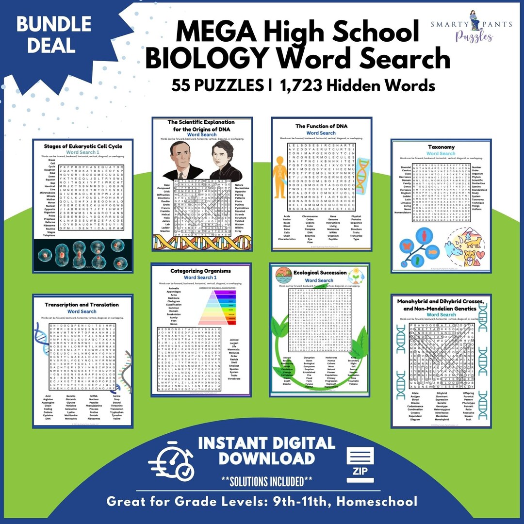 Biology Word Search Bundle 55 Puzzles Over 1,700 Hidden Words Science ...