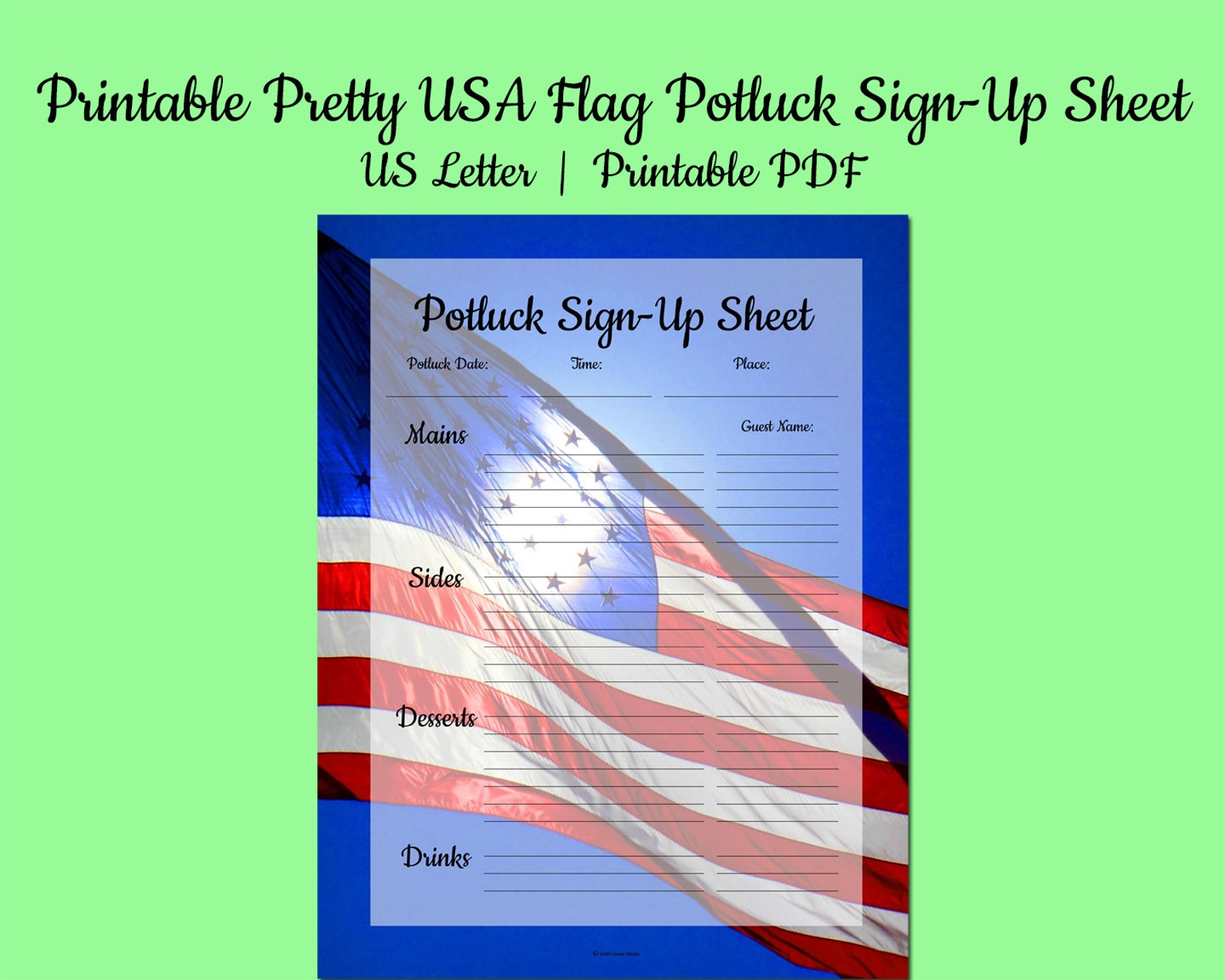 Printable USA Flag Pretty Potluck Sign-up Sheet, Food Sign-up, Bbqs ...