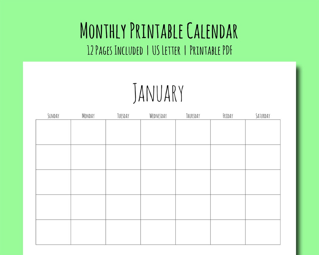Monthly Printable Calendar, Blank Calendar, 12 Month Calendar, US ...