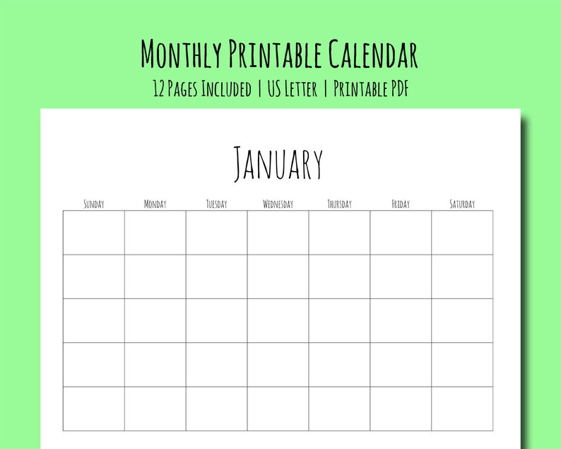 Monthly Printable Calendar, Blank Calendar, 12 Month Calendar, US ...