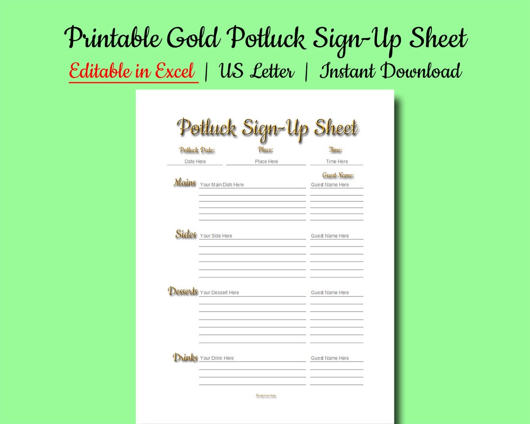 EDITABLE Printable Gold Pretty Potluck Sign-up Sheet, Food Sign-up ...