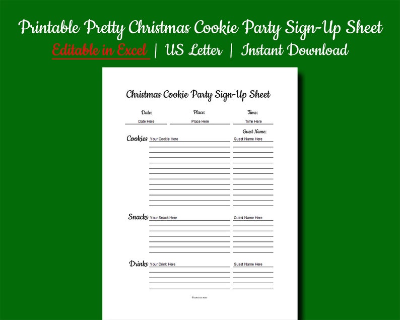 EDITABLE Printable Pretty Christmas Cookie Party Sign-up Sheet, Food ...